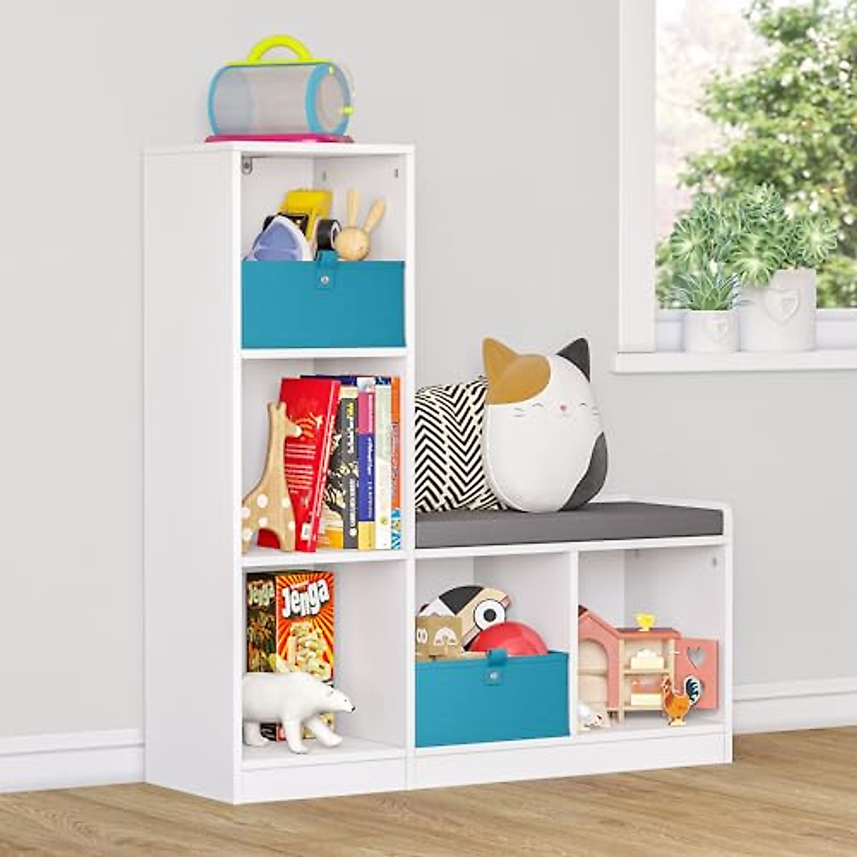 RiverRidge Kids Toy Storage Organizer Bench with 5 Cubby Spots, 2 Turquoise Fabric Bins & Cushioned Seat for Book Nook Playroom Storage