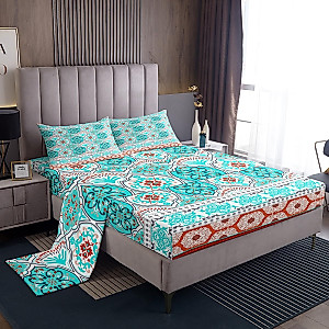 Feelyou Aqua Bed Sheet Set Lattice Boho Sheets Set Queen Size for Girls Women Teens College Bohemian Bedding Set Exotic Floral Tribal Bed Sheets with Deep Pocket Fitted Sheet Room Decor Bed Set