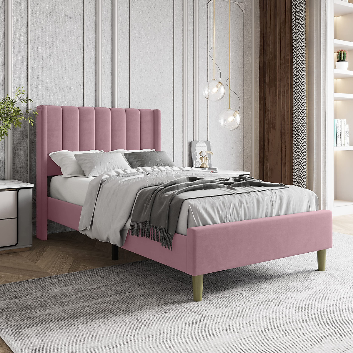 Zoophyter Upholstered Platform Bed Frame Twin Size with Headboard,Mattress Foundation/Strong Wooden Slats Support/No Box Spring Needed/Easy Assembly Pink