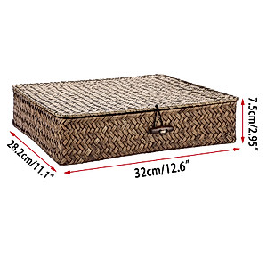 Hipiwe Flat Woven Wicker Basket Bins with Lid Seagrass Storage Basket Box Multipurpose Household Basket Bins Boxes for Shelf Wardrobe Organizer, Coffee Large