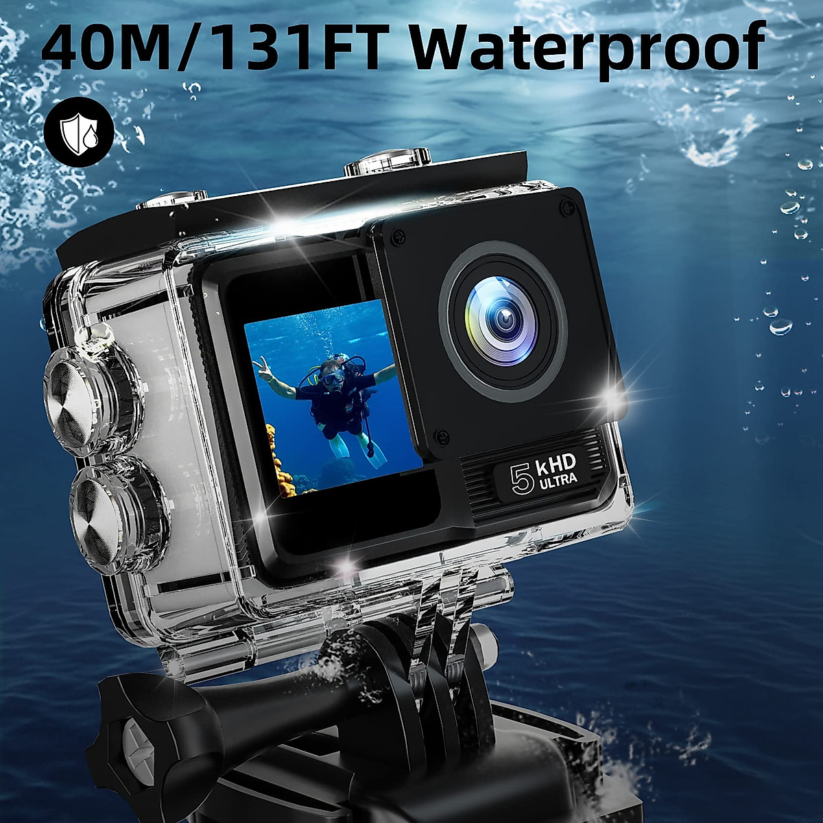 5K 24MP Action Camera, Ultra HD 131FT Underwater Cameras with Dual Touch Screen, Waterproof Video Camera Wireless Microphone and Remote Control Sports Cameras with 64G SD Card & Accessories Kit