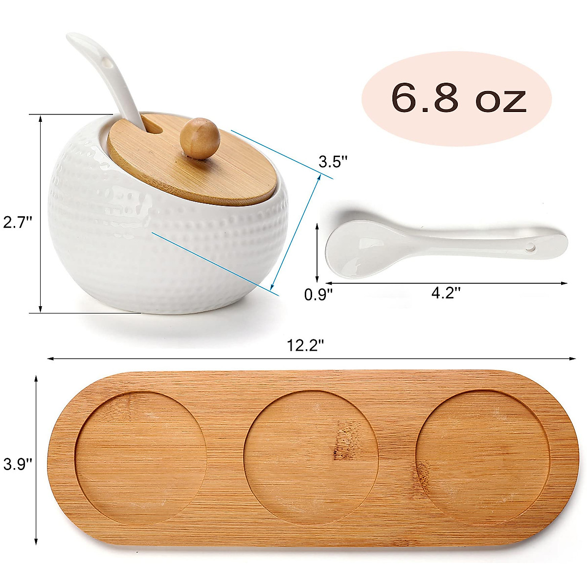 Yesland Porcelain Condiment Jar Spice Container with Bamboo Lids & Tray, Set of 3, 6.8 Oz Pottery Cruet Pot for Sugar Bowl Serving Tea, Coffee, Spice