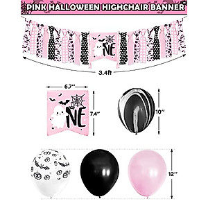 Pink Halloween 1st Birthday Party Decorations Spooky One High Chair Banner Boo Cake Topper Ghost Crown Hat White Black Bat Balloons for Baby Girl Souvenir Gifts Cake Smash Photo Prop Backdrop Supplies