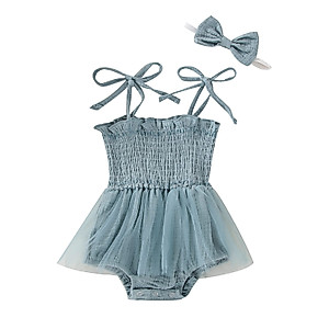 Meihuida Newborn Baby Girl Sleeveless Romper with Headband Summer Clothes Cotton Linen Bodysuit Tulle Tutu Skirt Blue 12-18 Months