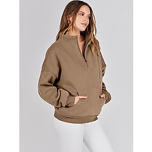 ANRABESS Womens Half Zip Sweatshirts Oversized Crop Pullover 2024 Winter Y2K Fleece Hoodie Sweater Teen Girls Fall Clothes Brown Large