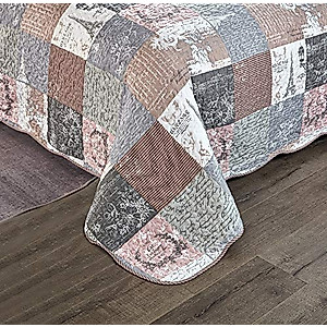 Brilliant Sunshine Latte Grey Paris and Toile Floral Patchwork, 2-Piece Quilt Set with 1 Sham, Reversible Bedspread, Soft Lightweight Coverlet, All-Season, Twin, Latte Grey