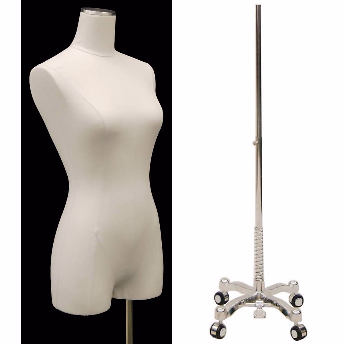 Adult Female White Linen Pinnable Dress Form Mannequin 3/4 Torso with Thighs and Rolling Chrome Base #F1WL-WCDX