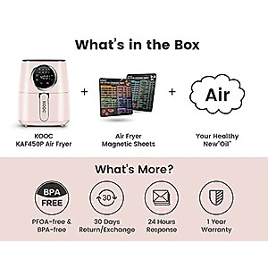 [NEW] KOOC Large Air Fryer, 4.5-Quart Electric Hot Oven Cooker, Free Cheat Sheet for Quick Reference Guide, LED Touch Digital Screen, 8 in 1, Customized Temp/Time, Nonstick Basket, Pink