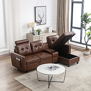 KINFFICT Modern PU Leather Sectional Sofa with Chaise, Comfy 3 Seat Sectional Couch with Storage, Cup Holders, and Comfy Headrest, L Shaped Couch Furniture Set for Living Room, Brown