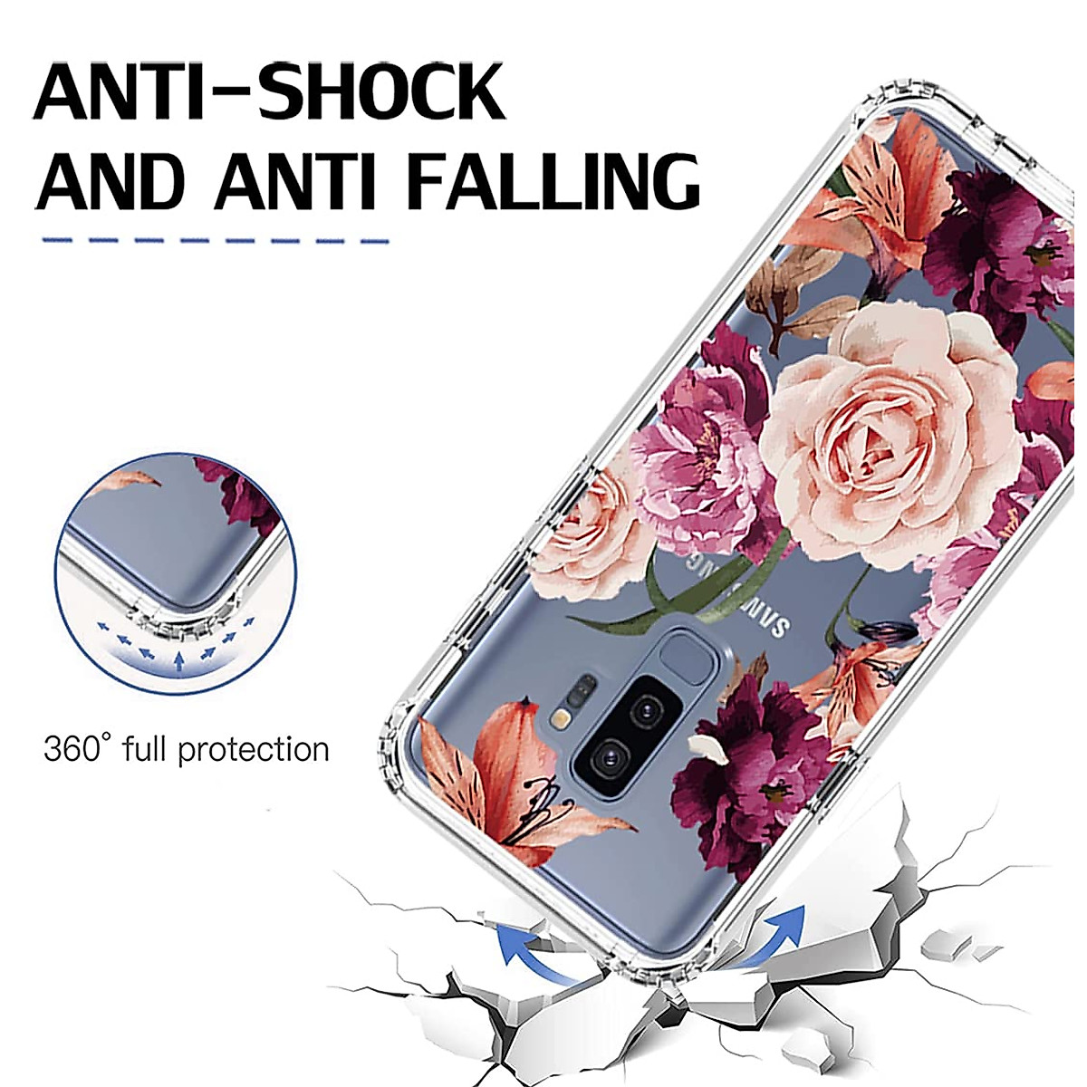 Bohefo Case for Galaxy S9+/S9 Plus G965U Case with Tempered Glass Screen Protector, Full Body Cute Floral Bumper Shockproof Protective Phone Case Cover for Samsung Galaxy S9 Plus (Purple Flower)