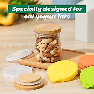 Mumufy 27 Pcs Yogurt Jar Lids Clear Plastic Yogurt Lids Silicone Jar Lids Bamboo Wood Yogurt Container Lids with Silicone Sealing Rings Reusable Replacement Covers Compatible with Oui Yogurt Jars