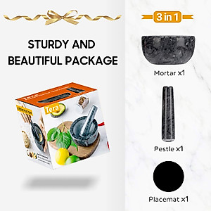 Tera Mortar and Pestle Set Marble Small Bowl Solid Stone Grinder Spice Herb Grinder Pill Crusher (Black, Diameter 4.64")