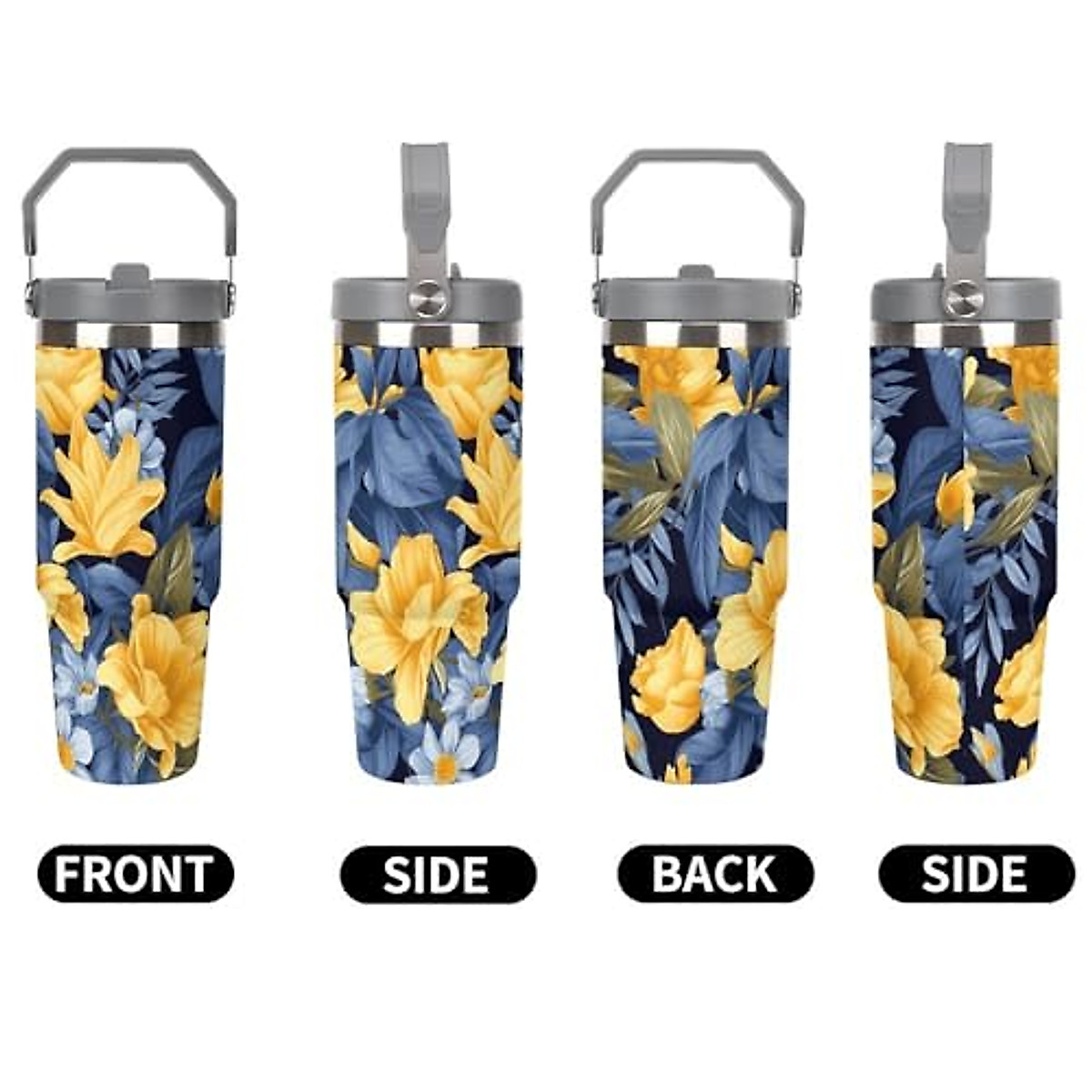 30oz Stainless Steel Insulated Tumbler with Flip Lid & Straw, Leakproof Travel Mug for Car, Blue Base Yellow Floral Double Wall Vacuum Thermal Coffee Cup with Handle, Spill-Proof Design for Hot/Cold D
