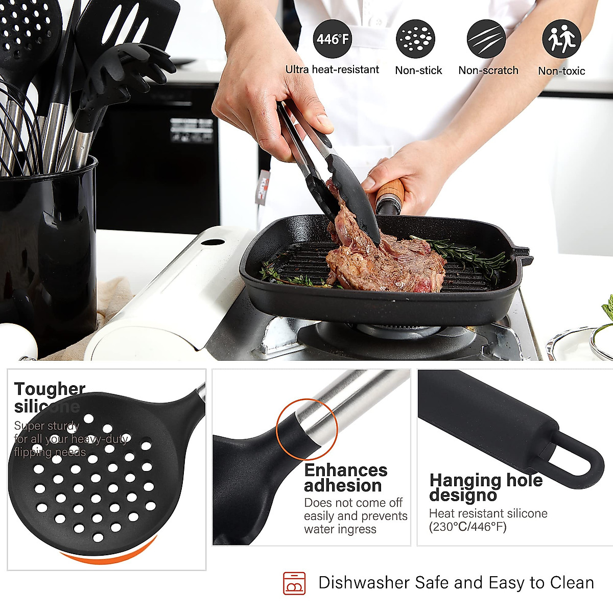 NCUE Cooking Utensils Set, 28 Pcs Silicone Kitchen Utensils Set with Holder, Silicone Whisk, Spatulas, Scissors, Measuring Cups and Spoons Set with Stainless Steel Handle Kitchen Gadgets (Black)