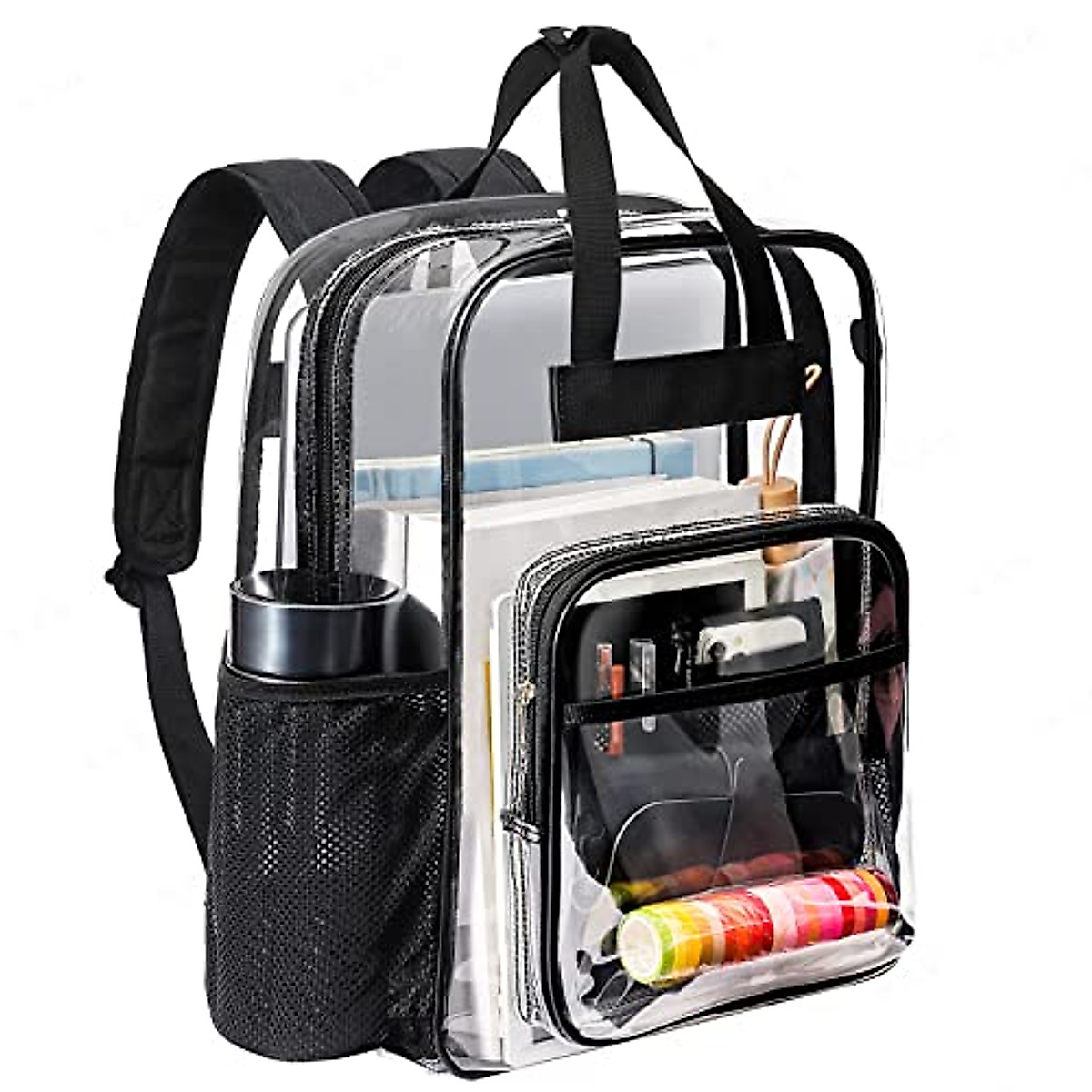 SharPlus Clear Backpack Large Heavy Duty Transparent See Through Plastic PVC Book Bag for School, Work, Stadium, Security, Travel-1 mm Thick PVC- 2 Ways Zippers