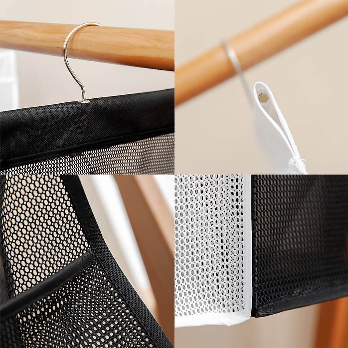 ALYER 2 Sections Collapsible Mesh Laundry Hamper,Hanging Heavy Duty Laundry Basket and Durable Dorm Bathroom Storage Bag with Two Hangers,Black & White