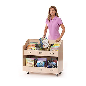 Guidecraft Mobile Book Organizer - Wooden Rolling Bookshelf and School Supply Cart with Casters and nameplate labels - Classroom Storage Furniture