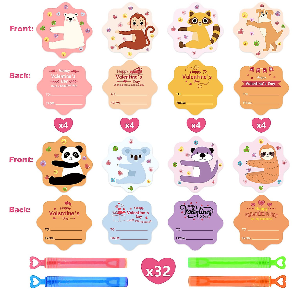 SURCVIO Valentines Day Gifts for Kids, 32 Pack Mini Bubble Wands with Valentines Animal Themes Greeting Cards for Kids, Valentine's Day School Prize Party Favor, Classroom Exchange Gift Set