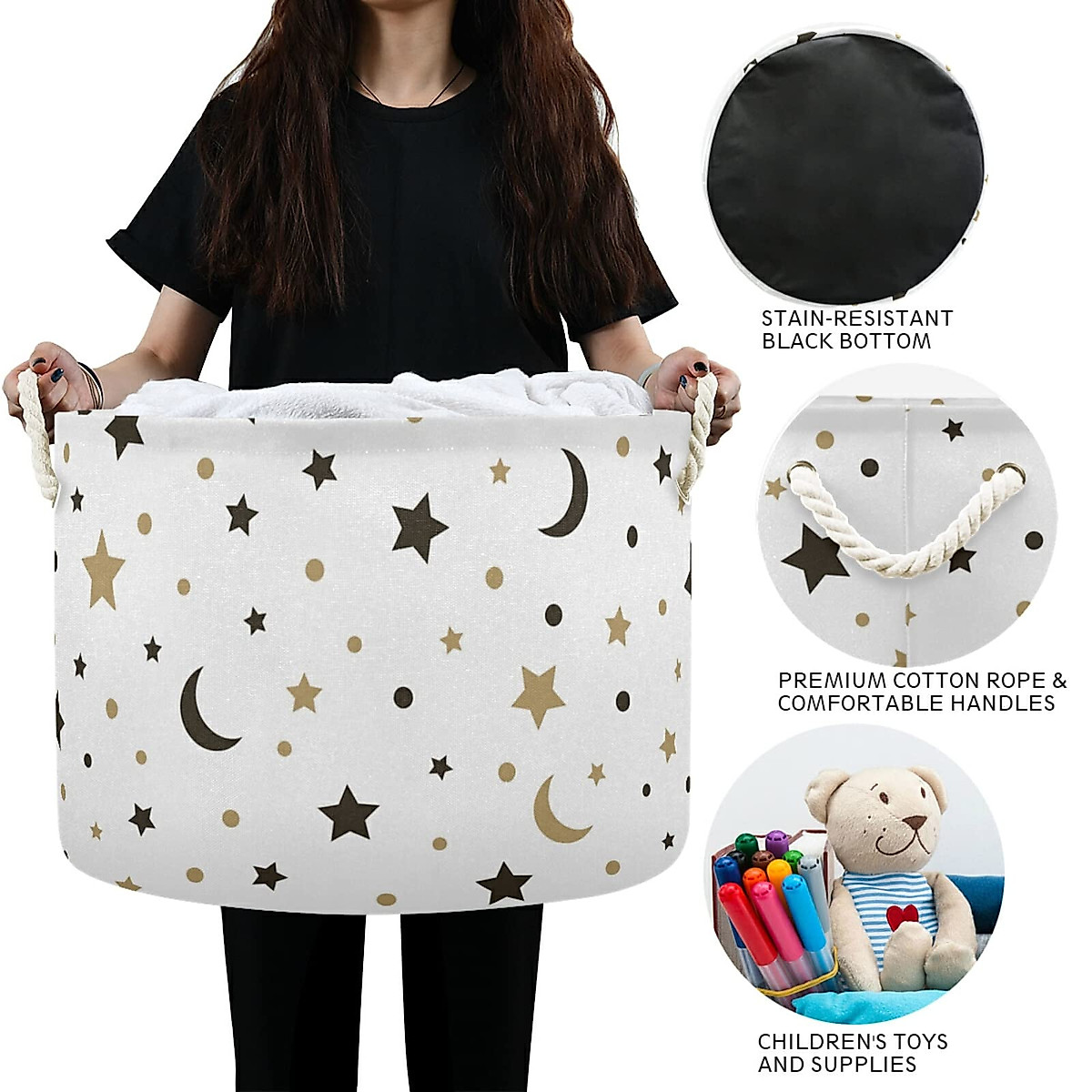 ALAZA Stars Moon Polka Dot Storage Basket Gift Baskets Large Collapsible Laundry Hamper with Handle, 20x20x14 in, Multi (B06D20005)