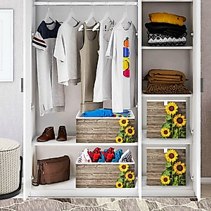 Wood Sunflower 11x11 Storage Cubes Fabric Storage Cubes Storage Bins with Handles Storage Boxes for Organizing Home, Office, Nursery, Shelf, Closet, Pack of 1