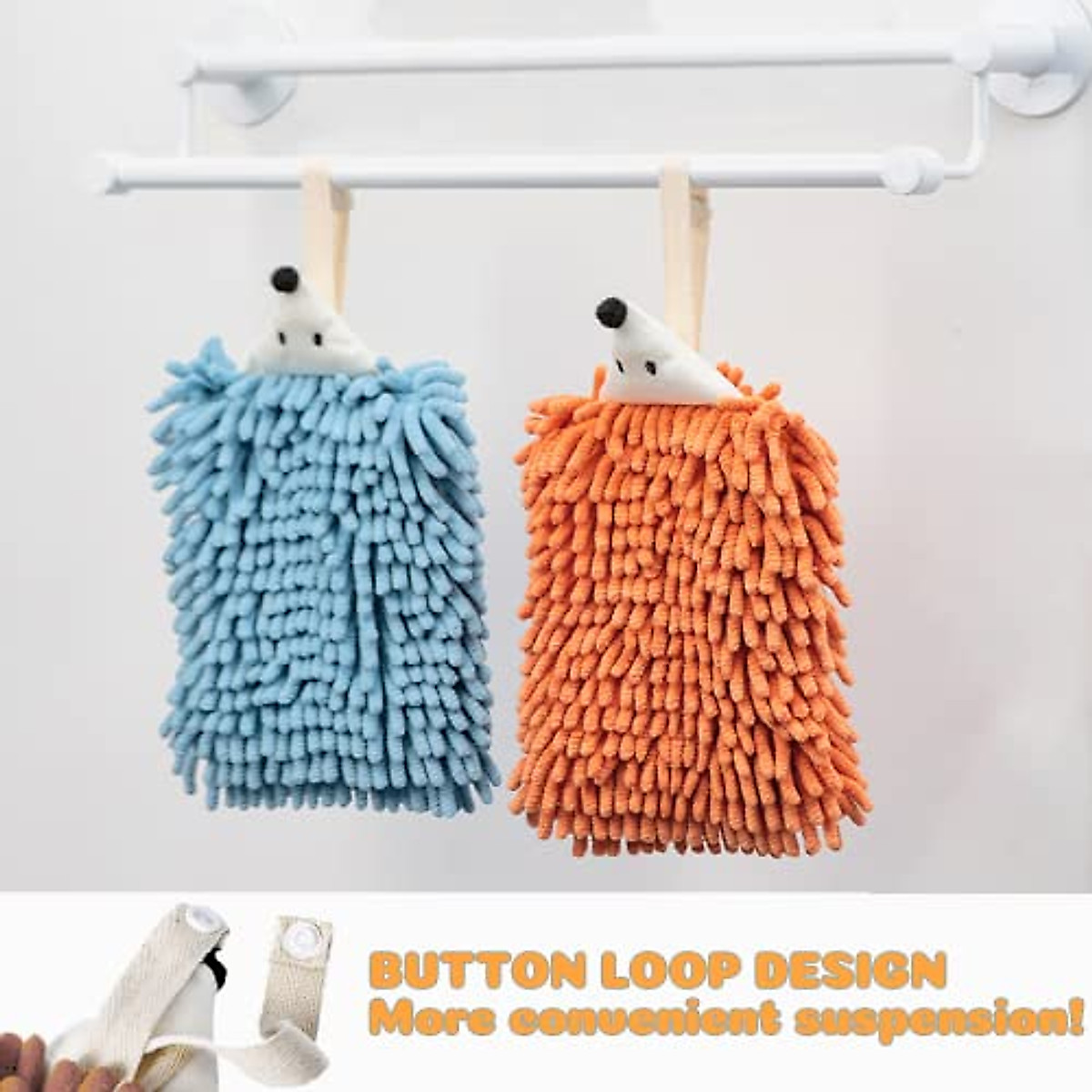 Cute Hedgehog Chenille Hand Drying Towels for Kitchen and Bathroom, Hanging Funny Hand Microfiber Towel with Button Loop, Set of 4