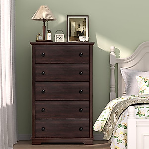 HIFYOBRO 5 Drawers Dresser, Double Anti-Tip, Tall Dresser for Bedroom, Wooden Organizer, Chest Dresser, Dresser with 5 Drawers, Storage Cabinet for Living Room/Hallway, Espresso
