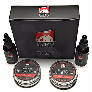 G.B.S Beard Taming Variety Set- 1 Sandalwood Beard Balm, 1 Sweet Orange Beard Balm, 1 Sandalwood Beard Oil and 1 Unscented Beard Oil, Pack of 4