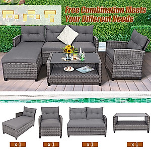Tangkula 4 Pieces Rattan Conversation Set, Patiojoy Outdoor Furniture Set with Cushions, Lounge Sofa Set with Coffee Table, Patio Sectional Sofa Set for Patio Garden Poolside Backyard (Gray)