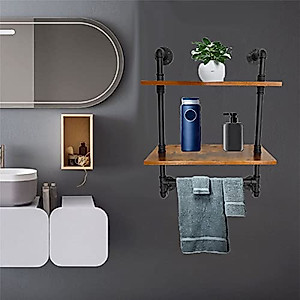 Industrial Pipe Shelving,Iron Pipe Shelves Industrial Bathroom Shelves with Towel bar,20 in Rustic Metal Pipe Floating Shelves Pipe Wall Shelf,2 Tier Industrial Shelf Wall Mounted