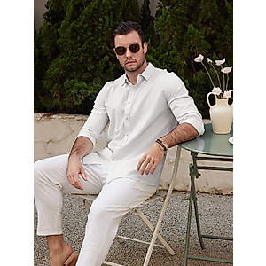 JEKAOYI Mens Casual Long Sleeve Cotton Linen Shirts Buttons Down Solid Plain Roll-Up Sleeve Summer Beach Shirts White