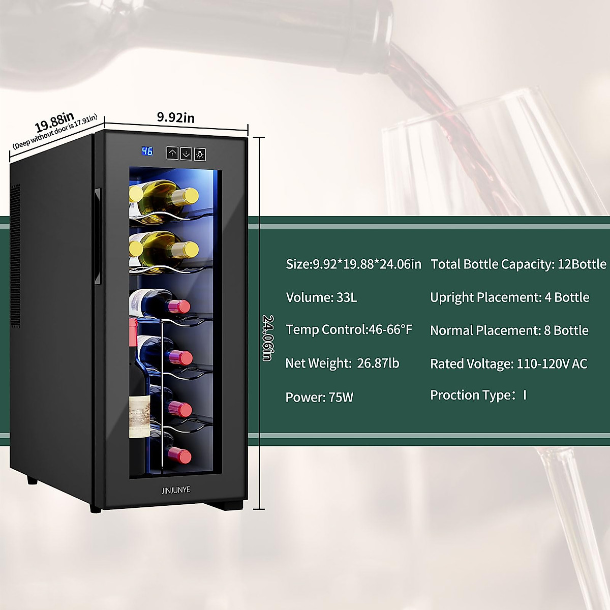 JINJUNYE 12 Bottle Wine Cooler, Wine Fridge Small, 46-66°F, Freestanding Wine Cooler Refrigerator with Digital Temperature Control, Wine Cellar Gift for Wine Lover…