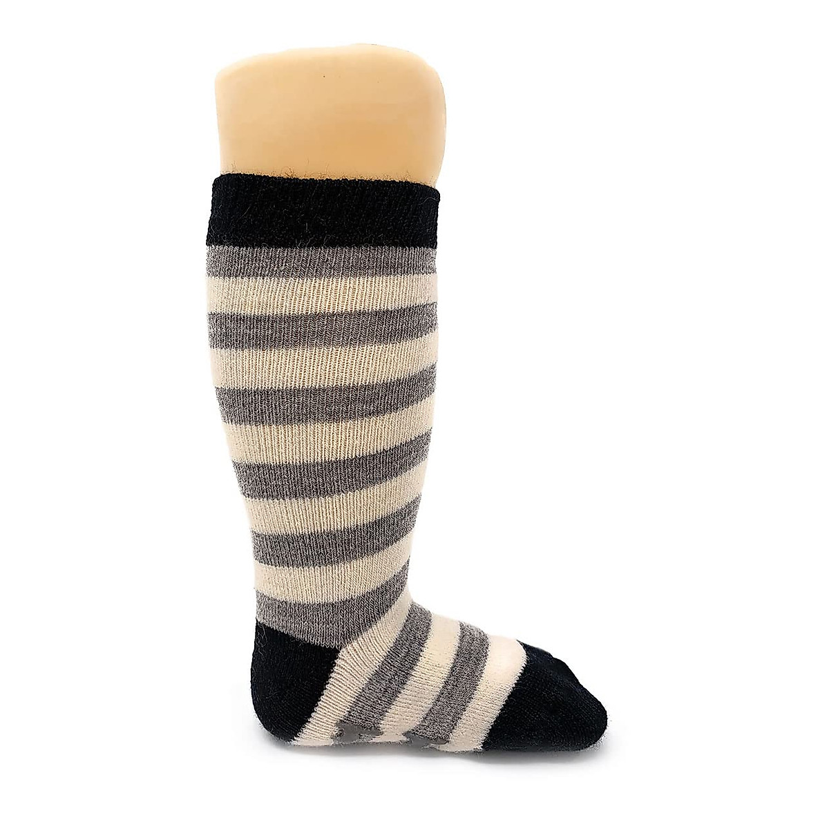 WARRIOR ALPACA SOCKS - Children's Baby Alpaca Wool Toddler Socks, Fun Stripes with Non-Skid Alpaca Appliqués 1 PAIR (12-24 Months, Grey Stripe/Black)
