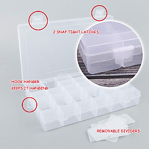 LE PAON 36 Grids Clear Plastic Organizer Box Storage Container Jewelry Box with Adjustable Dividers for Beads Art DIY Crafts Jewelry Fishing Tackles with 12 Floss bobbins