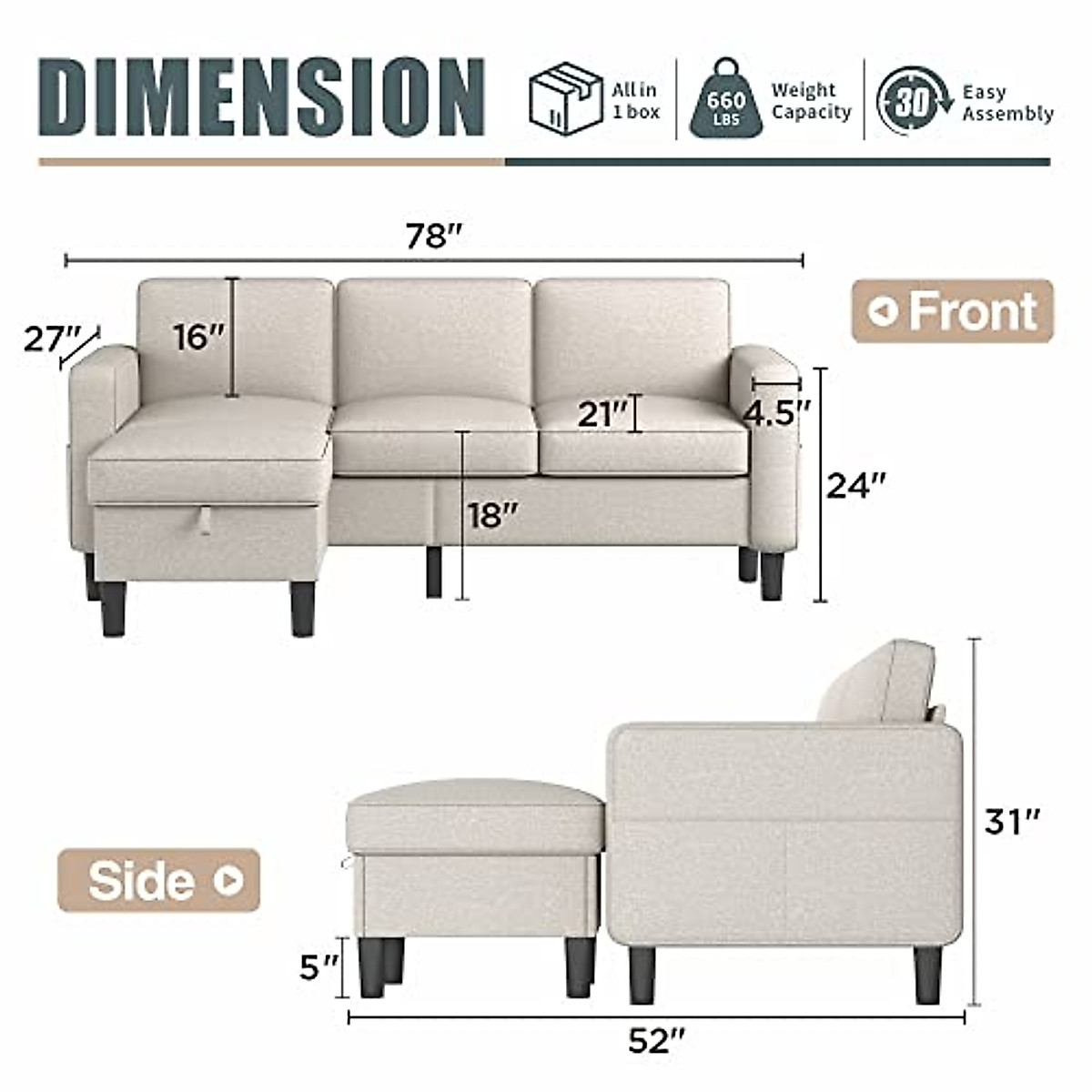 Small Sectional Sofa, Convertible L-Shaped Couch with Reversible Storage Chaise & Storage Side Pockets, 3-Seat Modular Sofa for Living Room, Apartment, Dorm, Small Space (Beige)