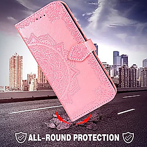 Compatible with LG V20 Wallet Case and Tempered Glass Screen Protector Leather Mandala Flower Flip Cover Credit Card Holder Stand Cell Accessories Phone Cases for LGV20 LG20 V 20 ThinQ Women Rose gold