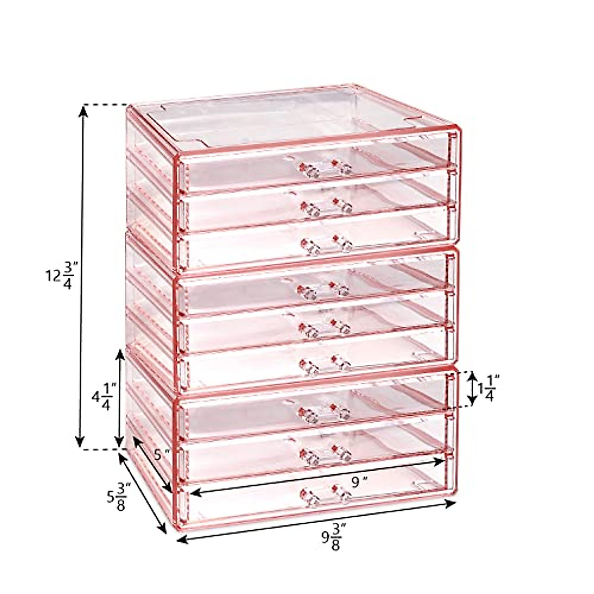 Ikee Design Acrylic Jewelry Makeup Storage Drawer Organizer, 3 Pieces Storage Set for Home Storage and Office Stationary Drawers, Pink Color, 9.38" W x 5.38" D x 12.75" H