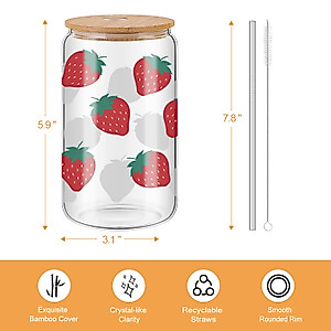 Lvoetgif Strawberry Iced Coffee Glasses Cup with Bamboo Lids, Cute Lovely Strawberry Pattern Drinking Can Shaped Cup, Aesthetic Birthday Gifts for Strawberry Lovers Women Mom Best Friend Daughter