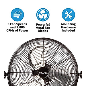Newair Wall Mounted Fan | 18" Air Fan | High Velocity Blade Fan | 3 Speed Settings | Heavy Duty Fan For Industrial Use | Portable Shop Fan | Black | WindPro18W