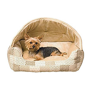 K&H Pet Products Hooded Lounge Sleeper Pet Bed Tan Patchwork Print 20 X 25 Inches