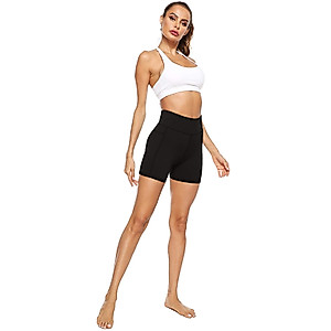 AFITNE Yoga Shorts for Women with Pockets High Waisted Printed Workout Athletic Running Shorts Biker Spandex Gym Fitness Leggings Black - M