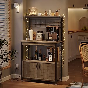 Bestier Microwave Stand with Storage Cabinet, Height-Adjustable Bakers Racks for Kitchen with Wheels & Feet, Industrial Rolling Coffee Bar Shelf with 10 S-Hooks Grey Wash