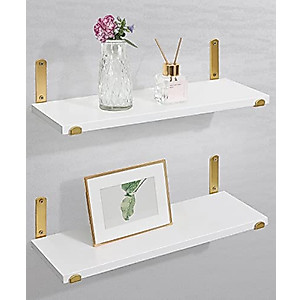 Afuly Gold Floating Shelves White Shelves for Wall, Wall Mounted Shelves for Bedroom Bathroom Living Room, Floating Book Shelves Wall Display Shelves Wood, Set of 2
