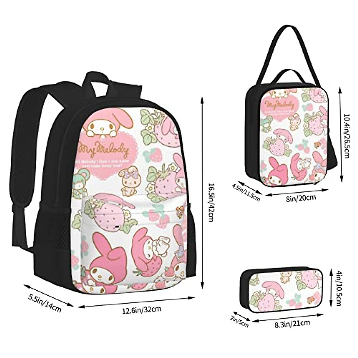 ORPJXIO Backpack 3 Piece Set Kuromi Anime My Melody School Bag Pencil Case Lunch Bag Combination For Travel Work Camping School