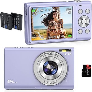Jckduhan Digital Camera Auto Focus 2.7K Vlogging Camera HD 48MP 16X Digital Zoom Camera with 32G Memory Card 2 Batteries YouTube Portable Mini Compact Camera for Kids Teens Adult Beginner