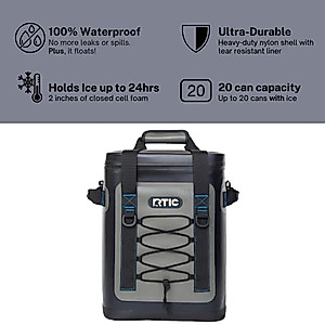 RTIC Backpack Cooler 20 Can, Insulated Portable Soft Cooler Bag Waterproof for Ice, Lunch, Beach, Drink, Beverage, Travel, Camping, Picnic, Car, Hiking, Blue/Grey
