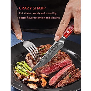 SANMUZUO Steak Knives Set of 4, Ultra Sharp Non Serrated Kitchen Steak Knife 5 Inch - Damascus Steel & Resin Handle - Xuan Series (Sunset Red)