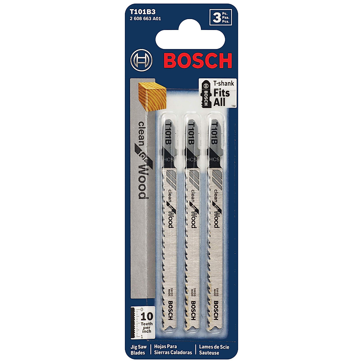 Bosch T101B3 3-Piece 4 In. 10V TPI Clean Wood Cutting T-Shank Jig Saw Blades