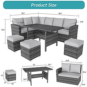IDEALHOUSE 7 Pieces Outdoor Dining Set,Patio Sectional Sofa Conversation Set All Weather Wicker Rattan Couch Dining Table & Chair with Ottoman Grey