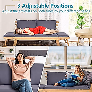 DORTALA Patio Convertible Couch Sofa Bed, Acacia Wood Daybed w/Adjustable Armrest, Collapsible Chaise Lounge w/Cushions & Pillows, Outdoor Loveseat forPoolside, Courtyard, Grey