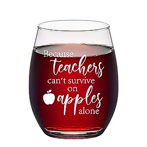 Futtumy Teacher Gifts, Because Teachers Can't Survive On Apples Alone Stemless Wine Glass for Teacher Women Thank You Appreciation Gift Birthday Christmas Thanksgiving, Funny Teacher Wine Glass 15 Oz